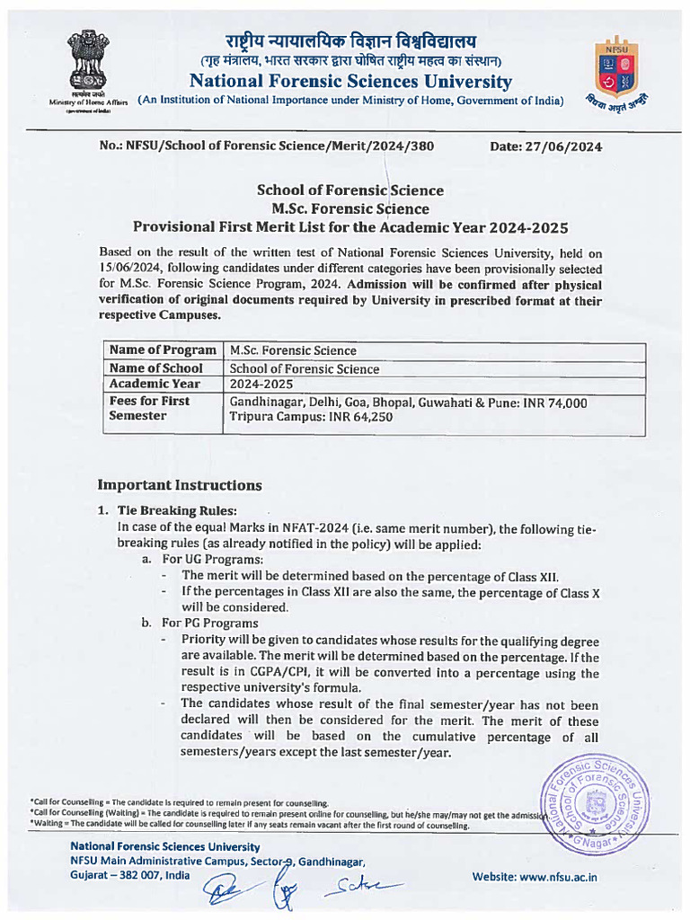 First Merit List M.sc. Forensic Science | PDF