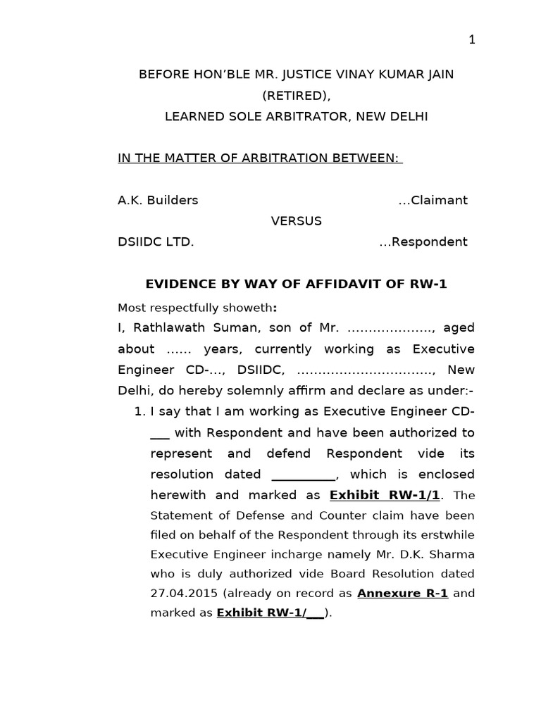 Evidence by Way of Affidavit RW-1 | PDF