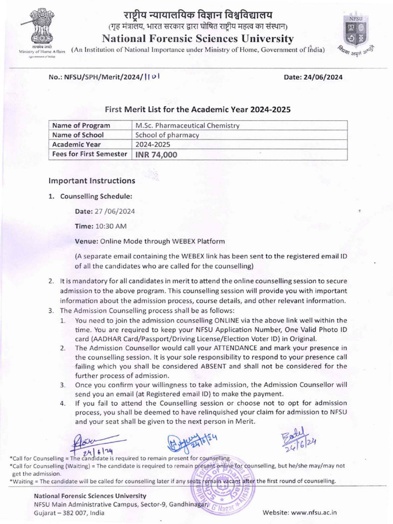 1st Merit 2024-25 (M.Sc. Pharmaceutical Chemistry) | PDF
