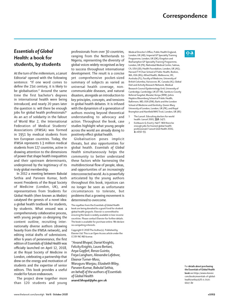 Em Essentials of Global Health em - A Book For S | PDF