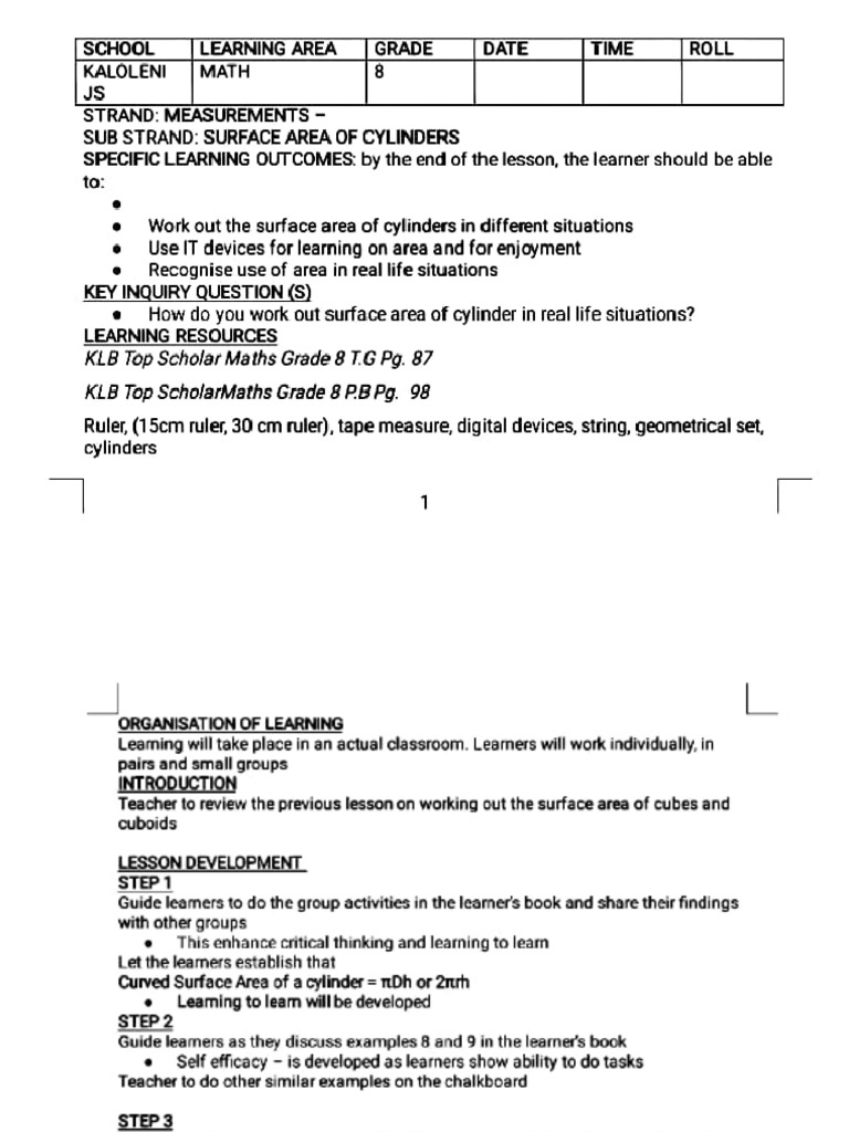 G8 Maths Lesson Plan T2 | PDF