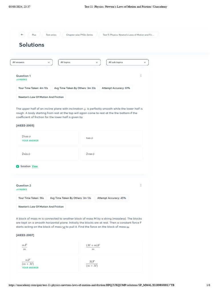 Test 11 - Physics - Newton's Laws of Motion and Friction - Unacademy | PDF