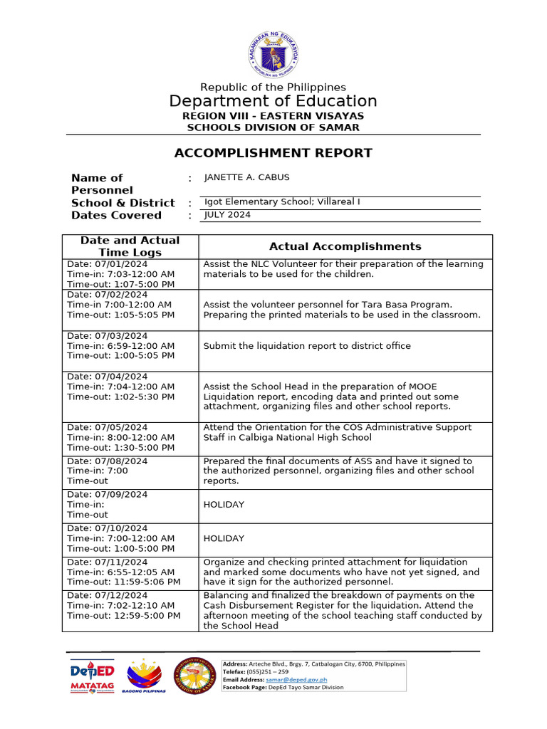 Accomplishment Report For COS (Template) | PDF