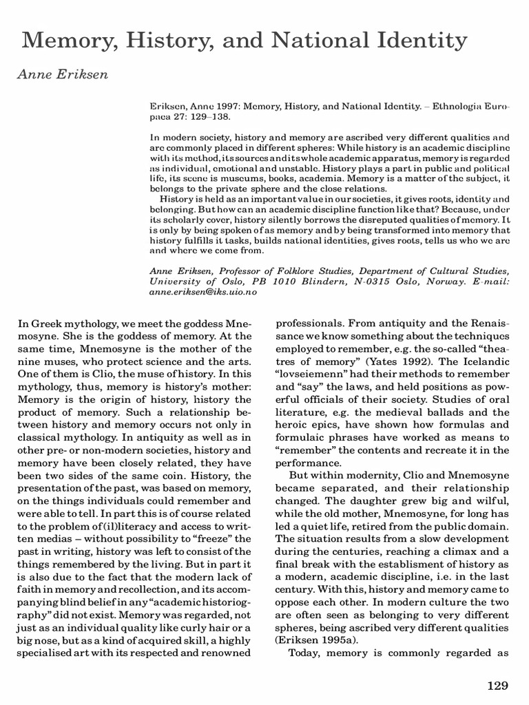 Memory History and National Identity | PDF