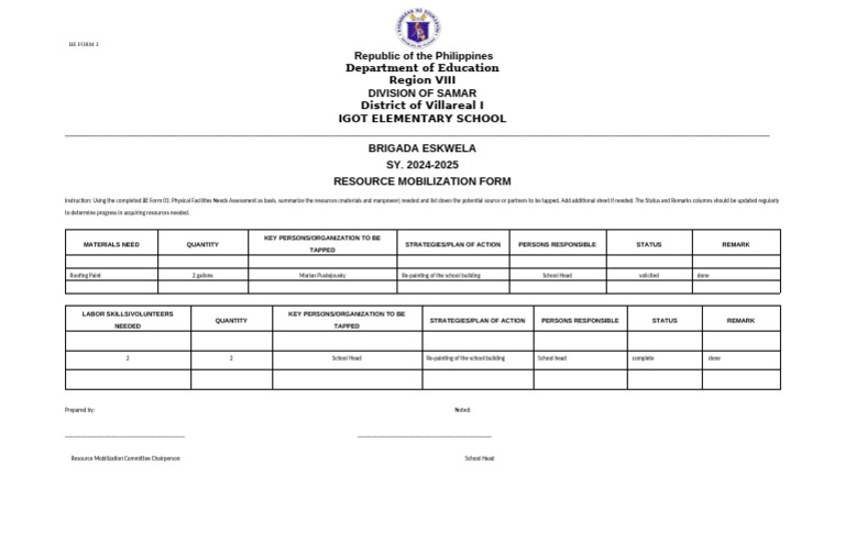 Brigada Eskwela Form 3 Resource Mobilization Form | PDF