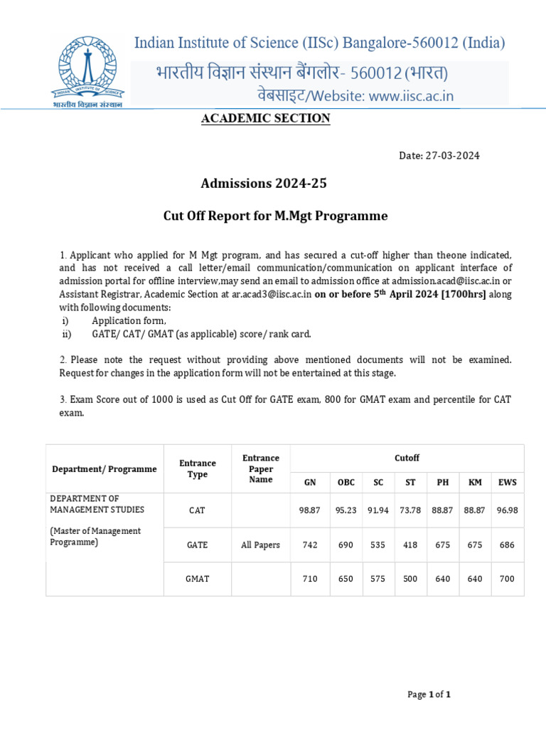 Cut Off Report For M.MGT Programme 2024 | PDF
