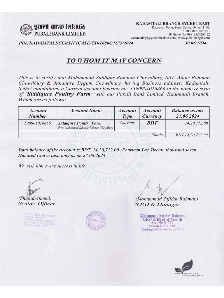 Pubali Solvency Certificate | PDF