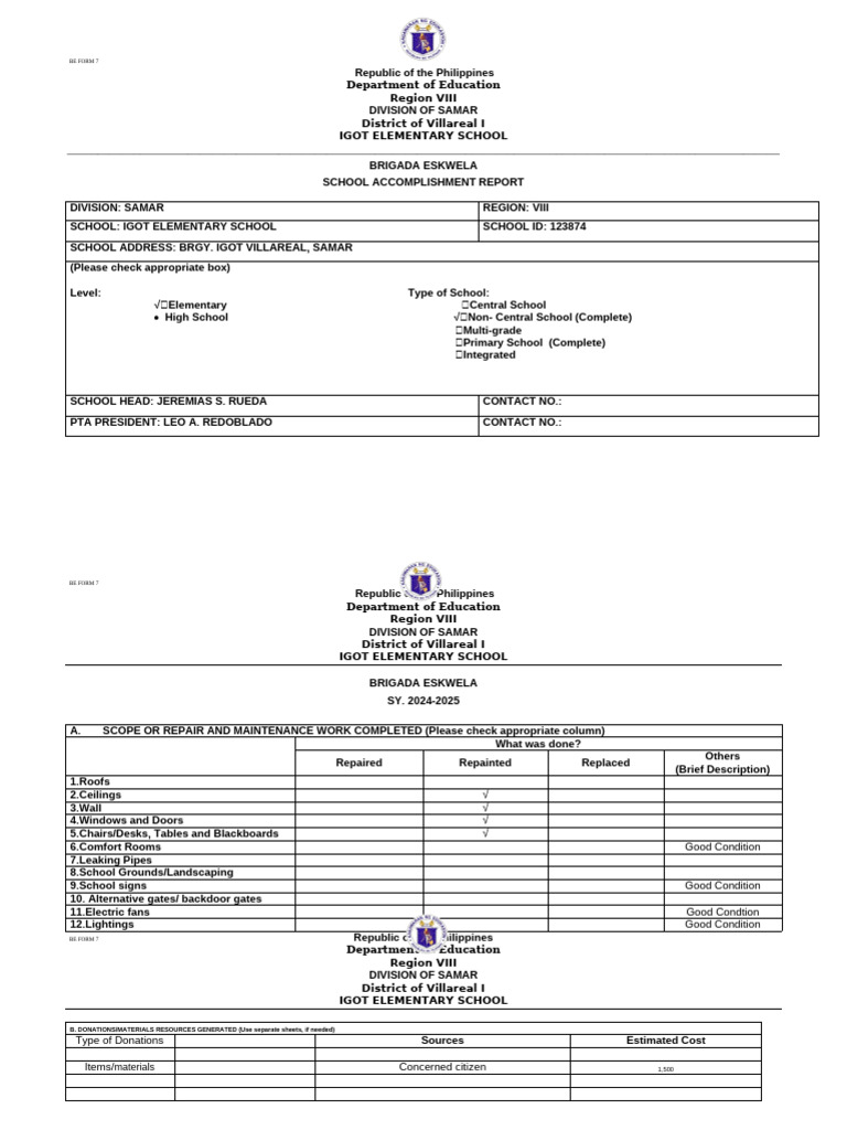 Brigada Eskwela Form 7 School Accomplishment Report | PDF
