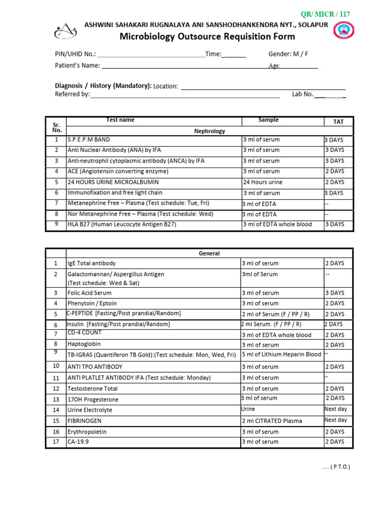Micro Outsource Requistion Form - 24 Final | PDF | Blood Plasma ...