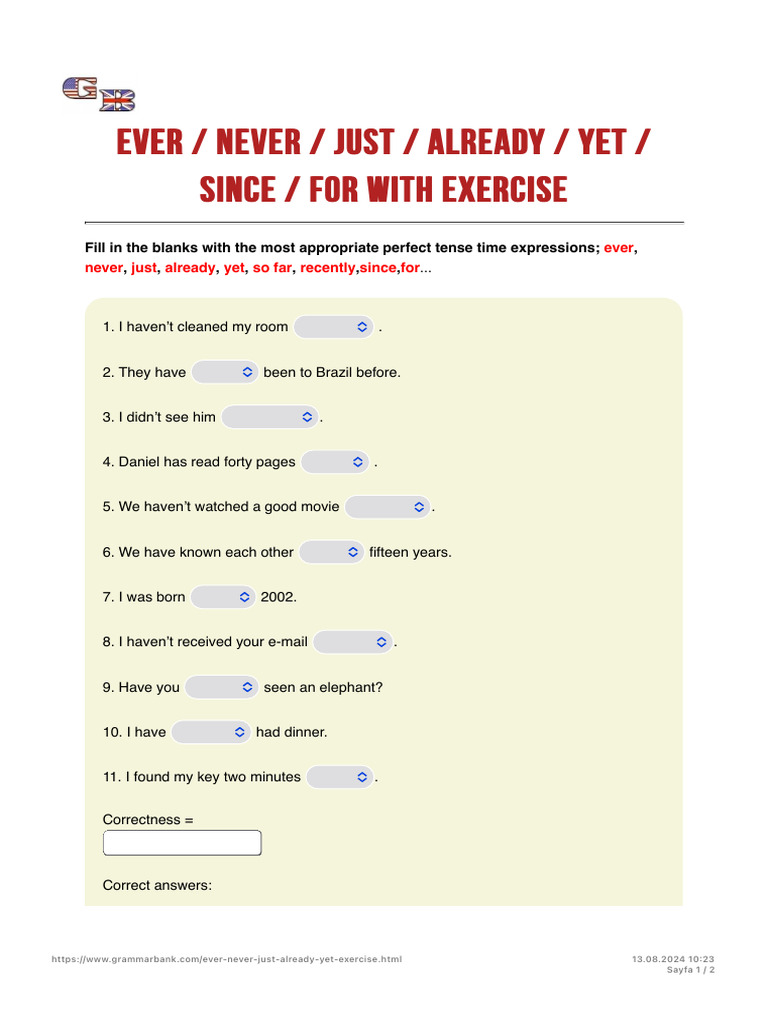 Perfect Tense Time Expressions Exercise | PDF