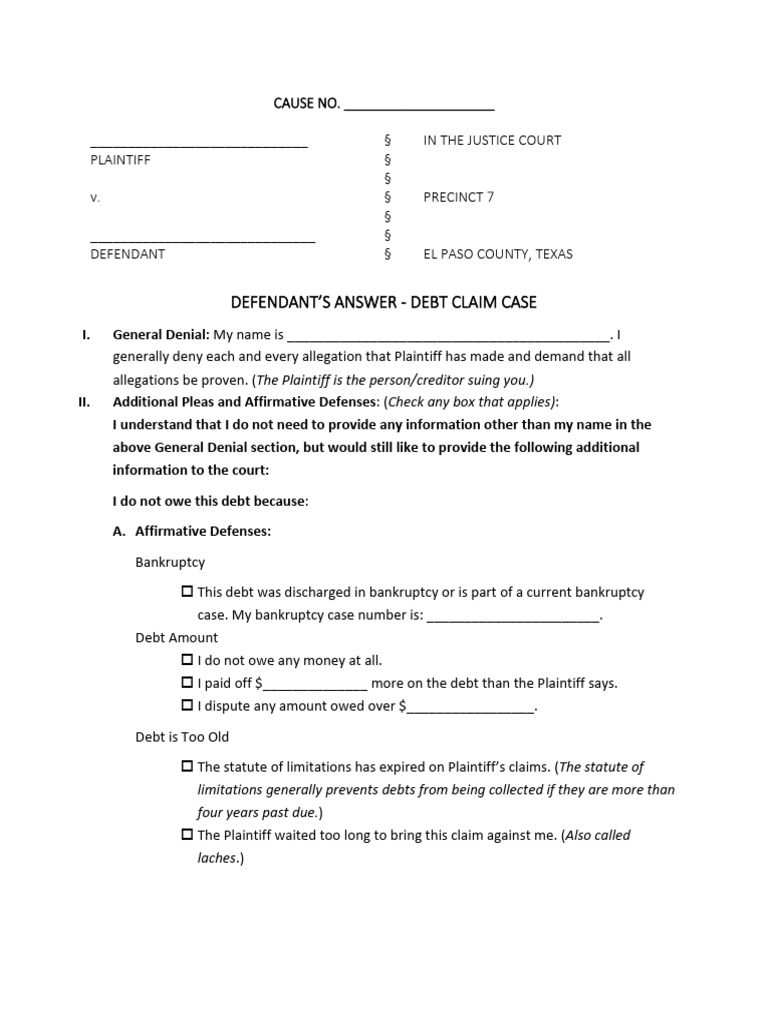 Defendants Answer - Debt Claim | PDF | Common Law | Justice