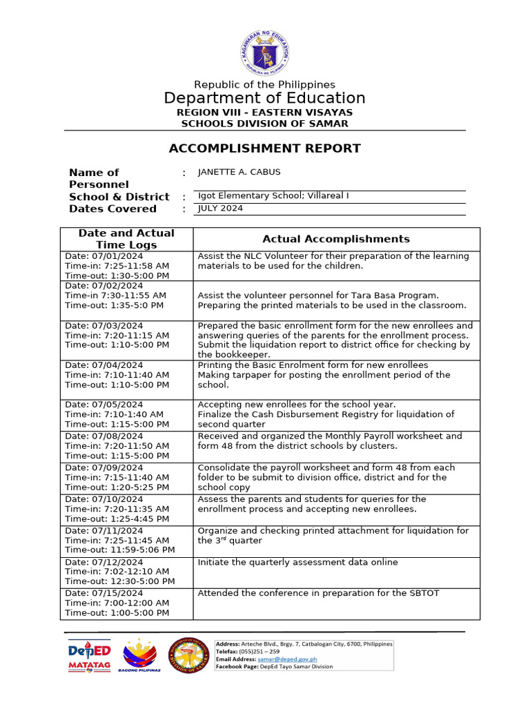 Accomplishment Report For July 2024 | PDF