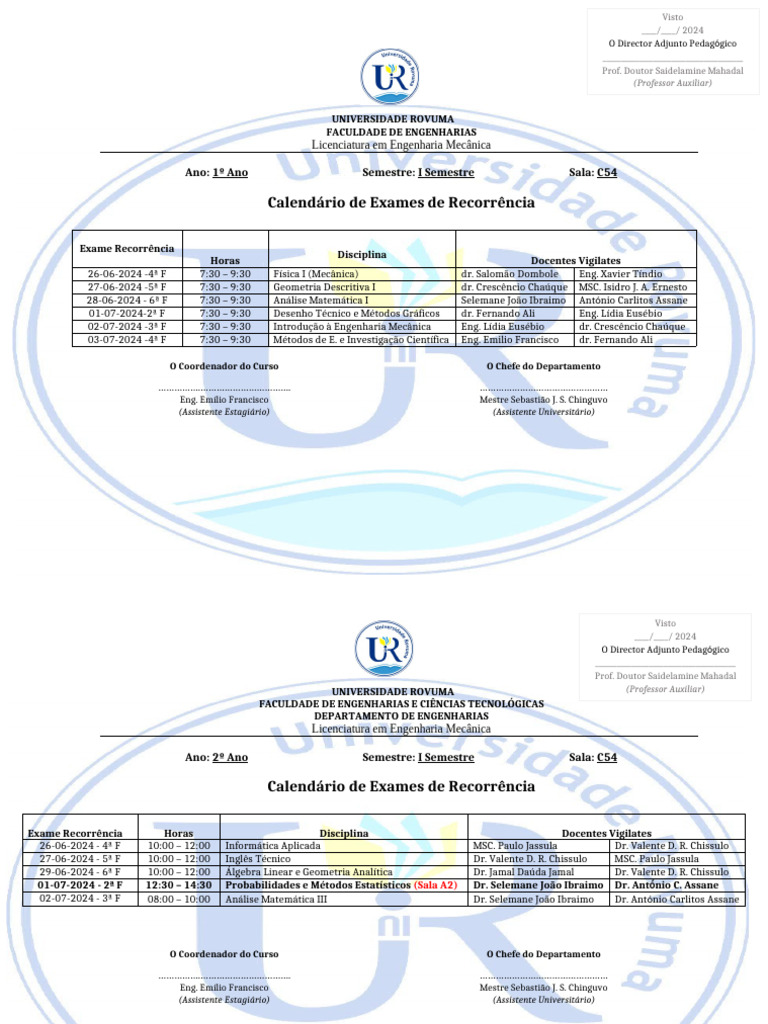 Calendario de Exames Recor - Eng Mec - Semestre 1 - 2023 | PDF