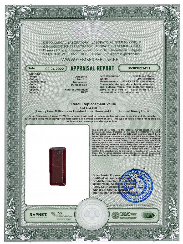 Appraisal Certificate No 35909521491 Red Ruby | PDF