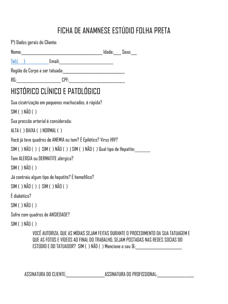 FICHA DE ANAMNESE ESTÚDIO FOLHA PRETA 2 | PDF