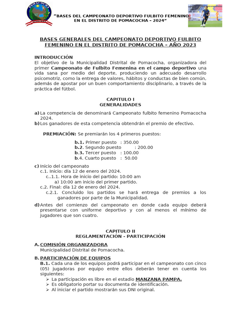 Bases de Fulbito Damas Pomacocha 2024 | PDF