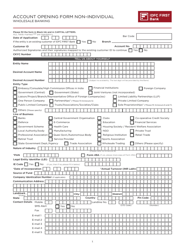 AC Opening Form Non Individual Wholesale Banking Form V15 New | PDF
