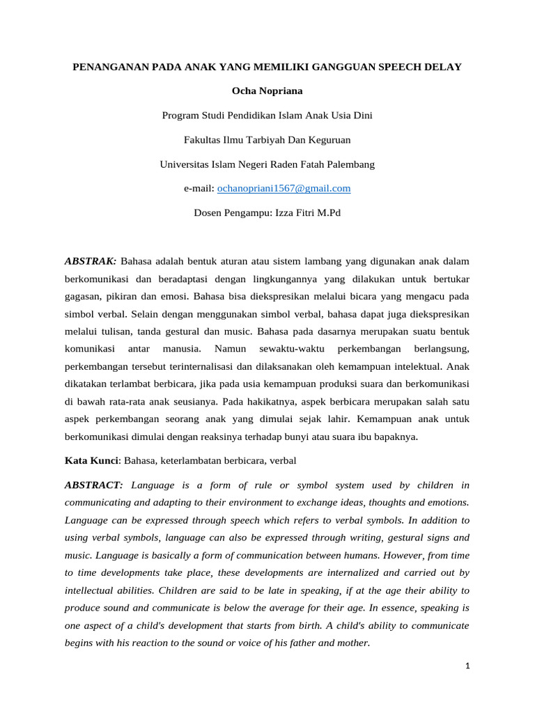 Laporan Ocha Nopriana (Speech Delay) | PDF | Linguistics | Language Arts & Discipline