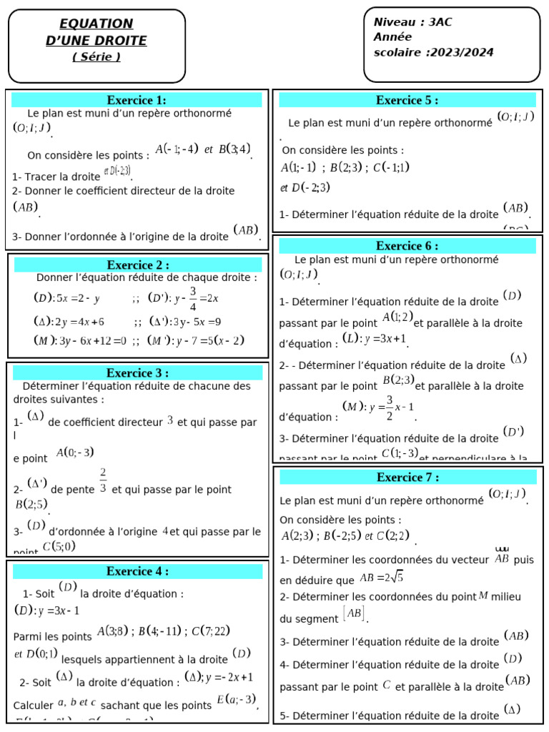Ber Ramili Equation Reduite de La Droite Exercices 3AC Maths 1 | PDF