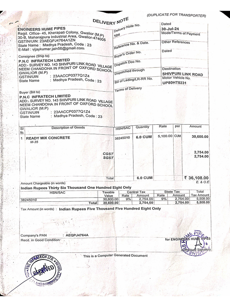 Delivery Note Concrete | PDF