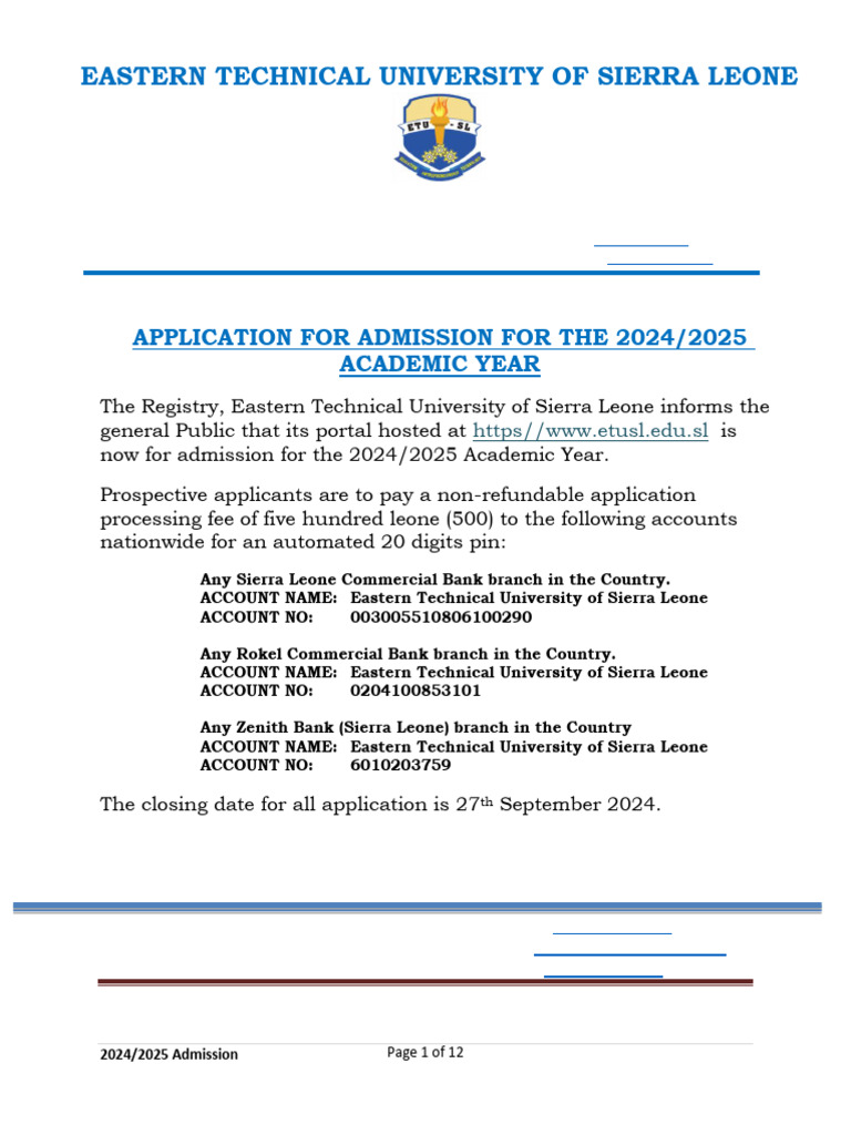 Etusl Admission For 2024-2025 | PDF