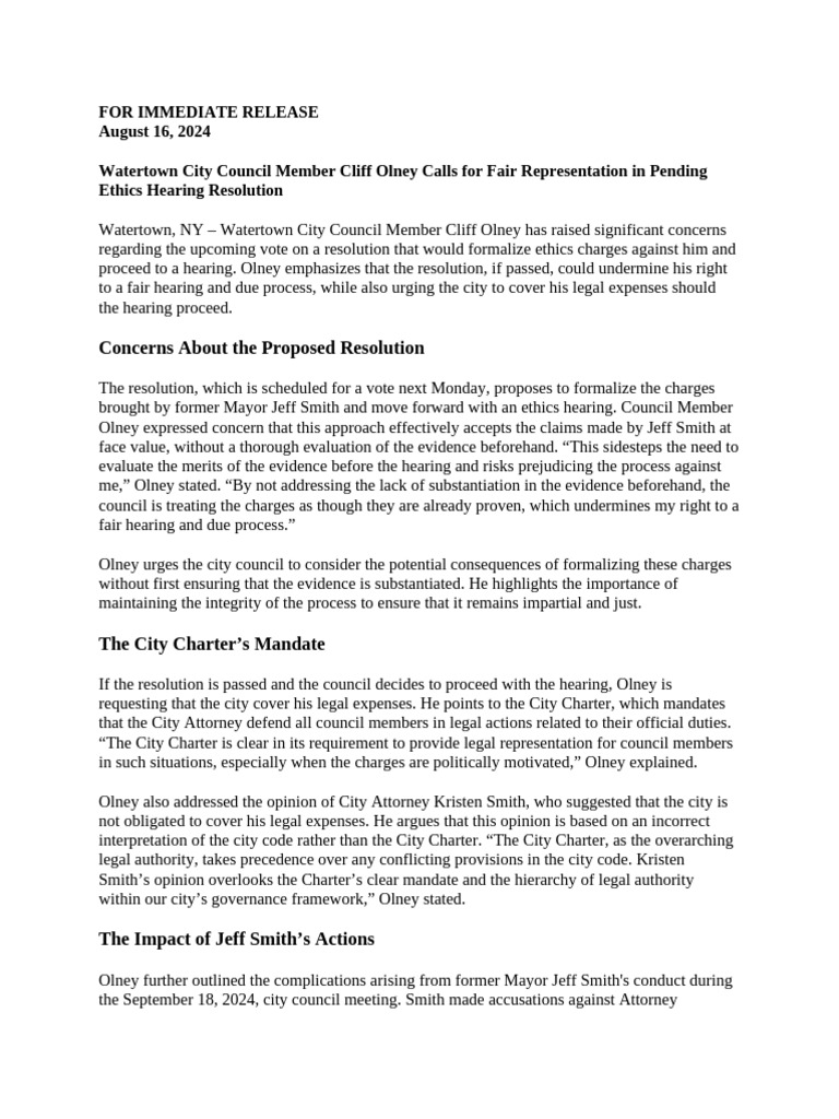 Councilman Cliff Olney Press Release Regarding Ethics Claim 8-16-24 ...