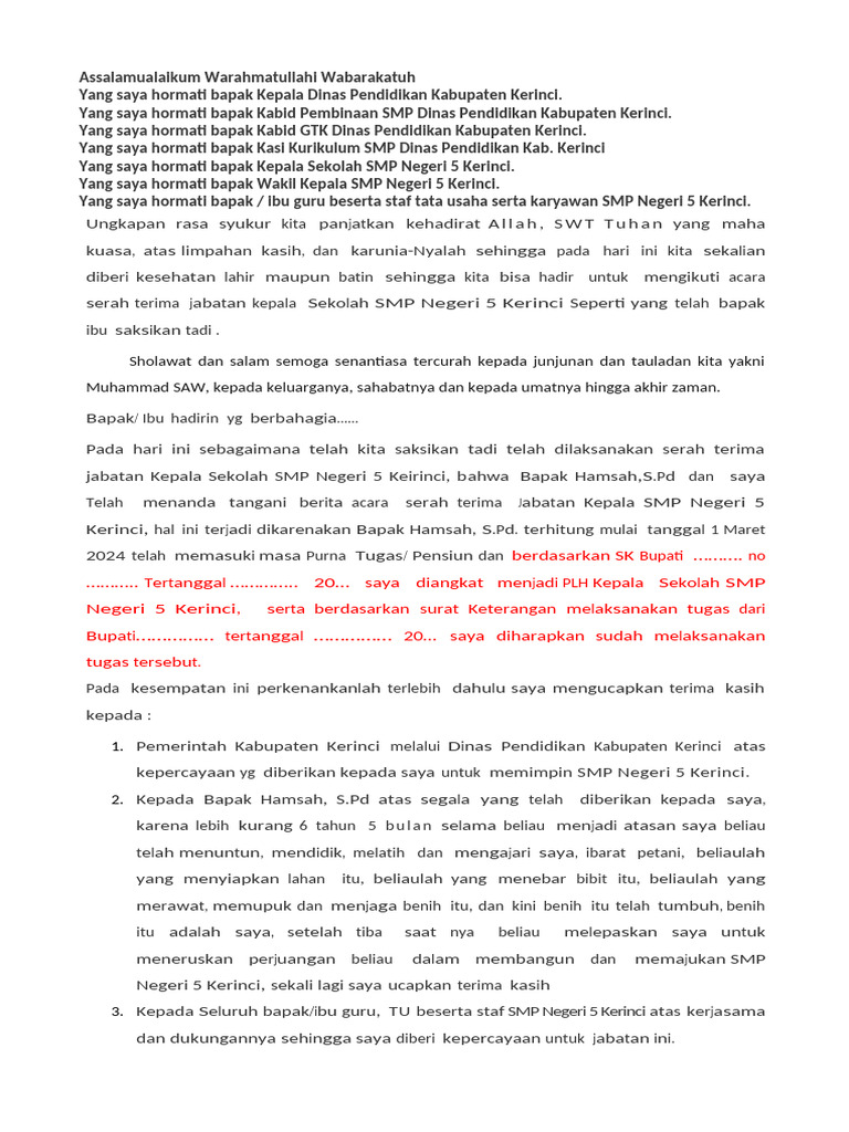 Contoh Pidato Sertijab Kepala Sekolah | PDF