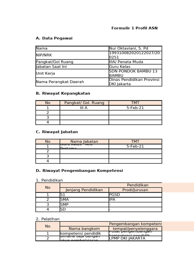 FORM Profil ASN - Nur Oktaviani | PDF