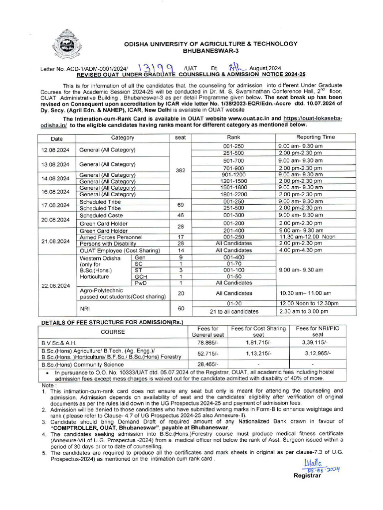 Revised UG Admisssion Notice 2024 | PDF