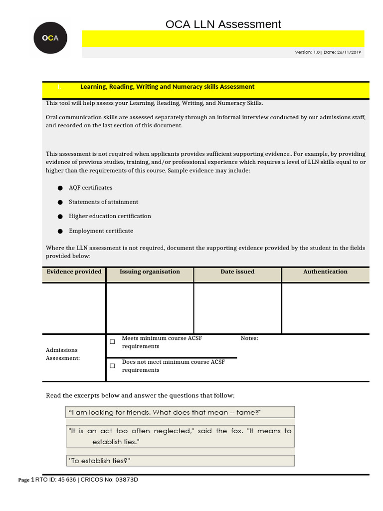 LLN Assessment | PDF
