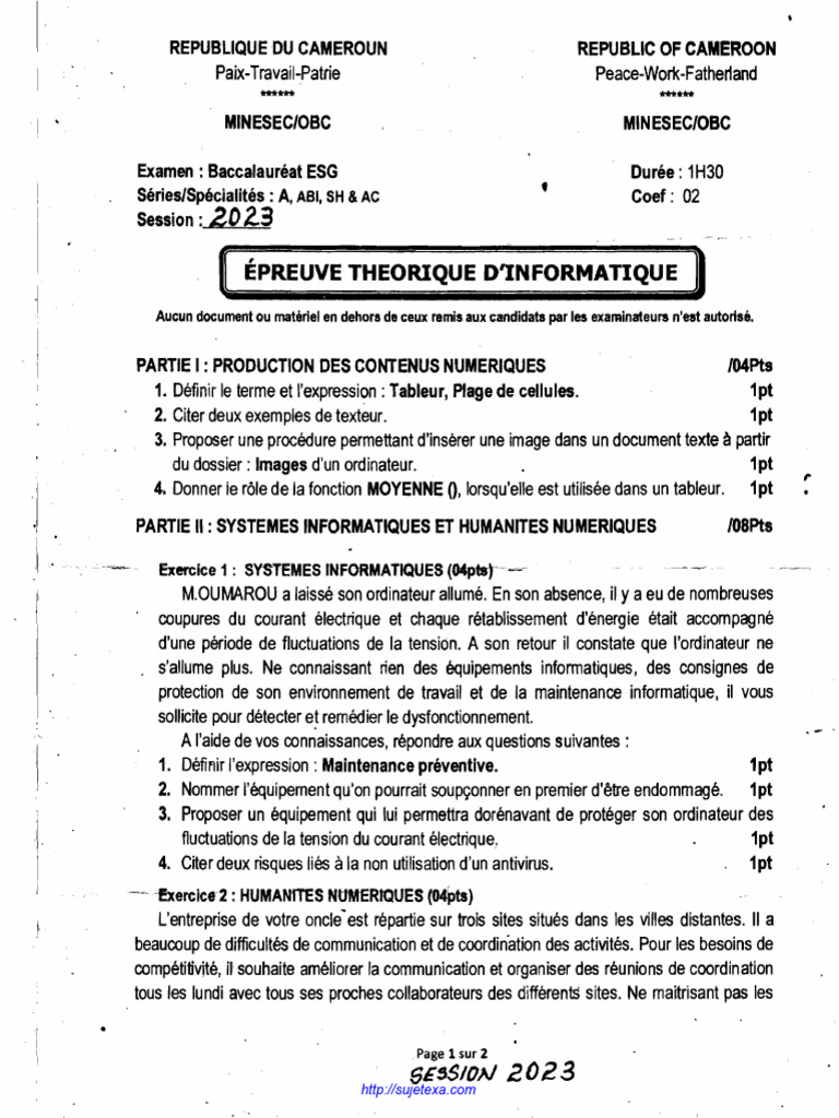 Epreuve Bac 2023 Informatique - Baccalaureat Serie A-Abi-Sh-Ac Cameroun ...