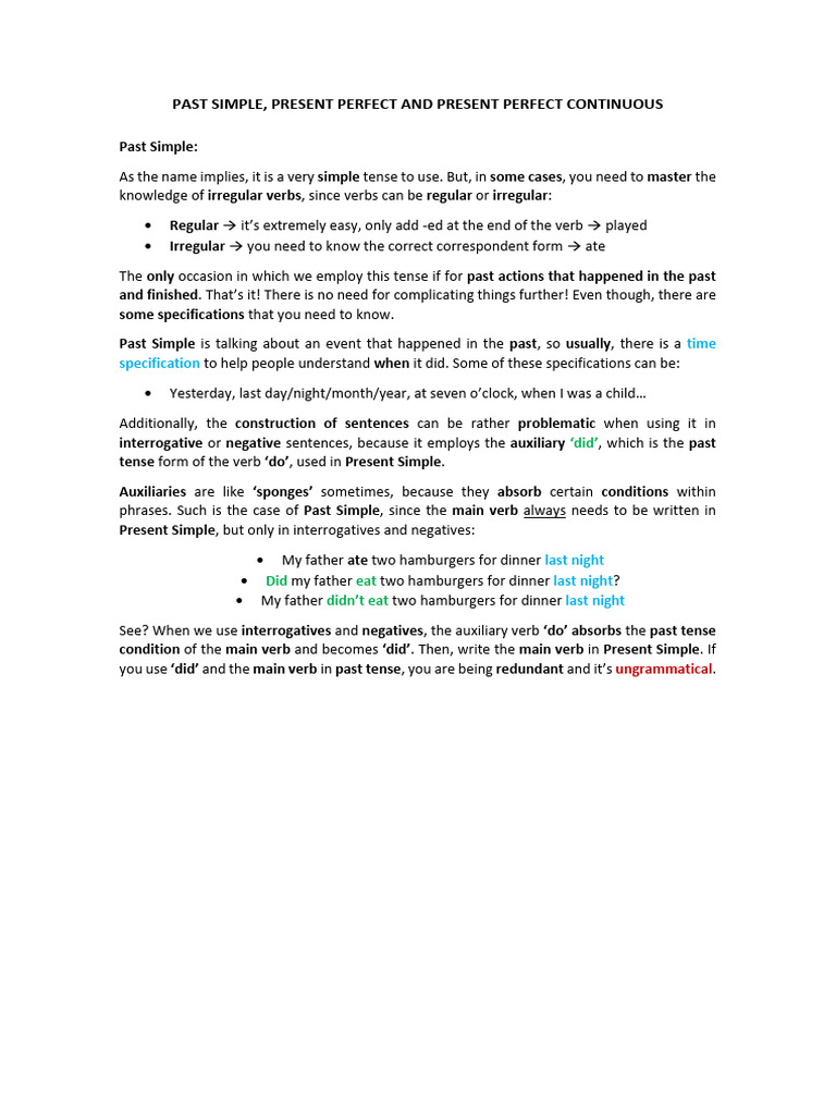 Past Simple, Present Perfect and Present Perfect Continuous | PDF