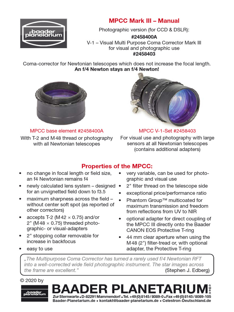 Baader coma-corrector-EN - v1-mpcc - 1120 - LR | PDF | Digital Single ...