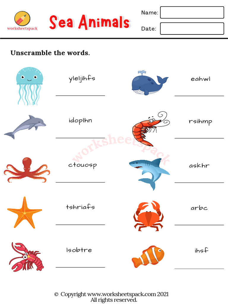 Sea Animals Worksheets Word Scramble | PDF