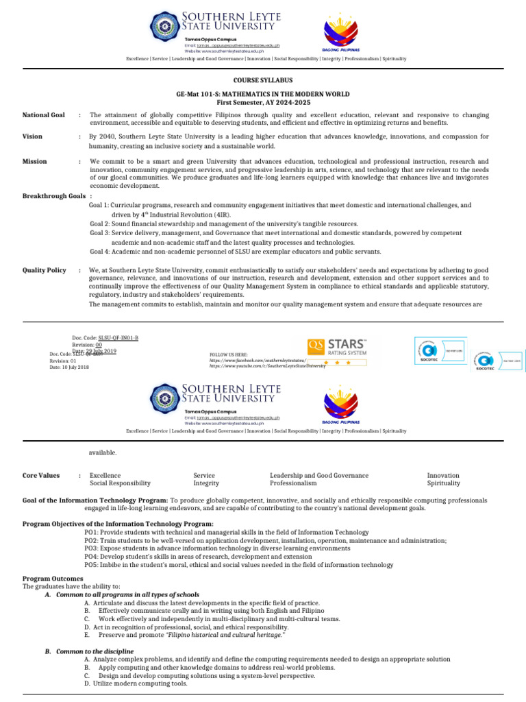 BSIT SYLLABUS - MMW 1st Sem 2024 2025 | PDF