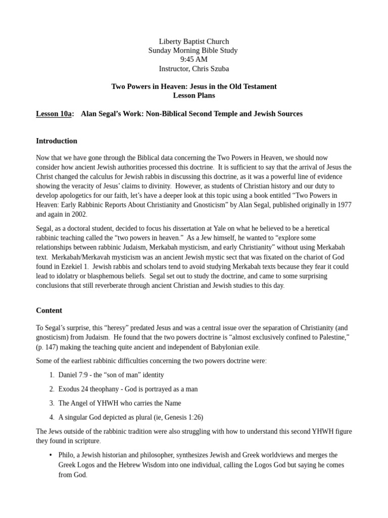 Two Powers - Lesson 10a - Alan Segal's Work - Non-Biblical Second Temple and Jewish Sources ...