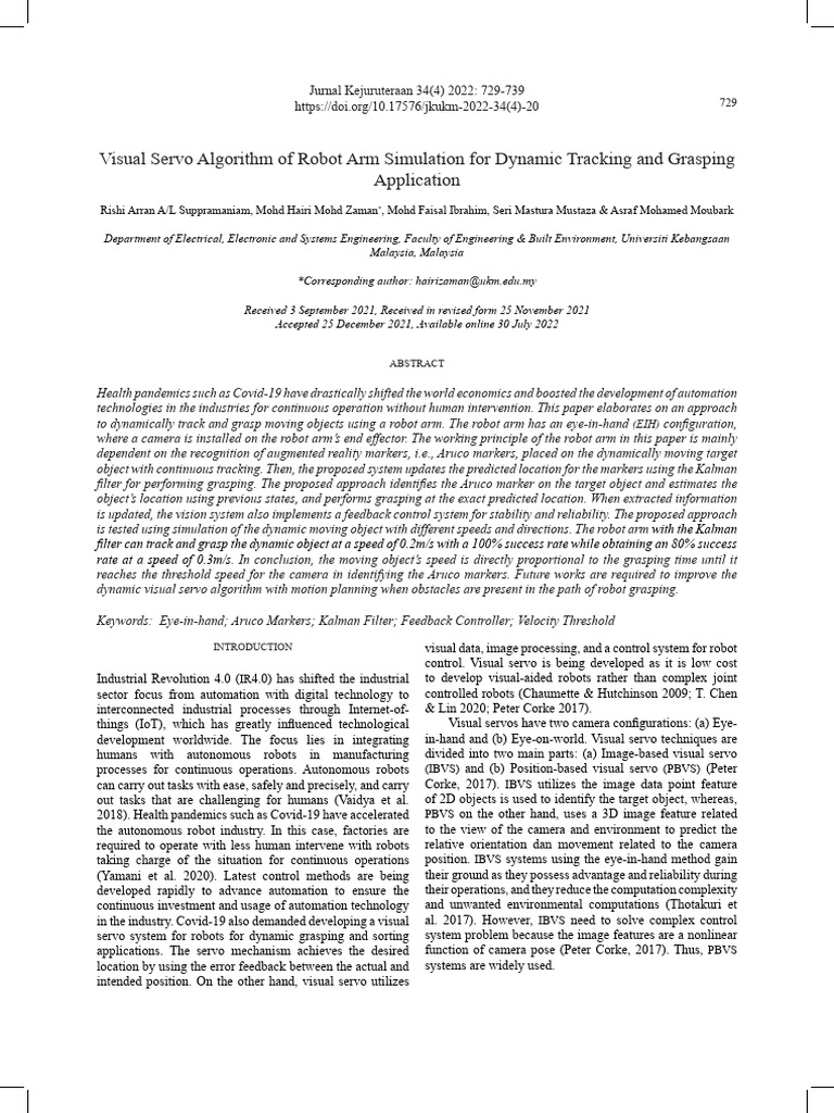 Visual Servo Algorithm of Robot Arm Simulation For Dynamic Tracking and ...