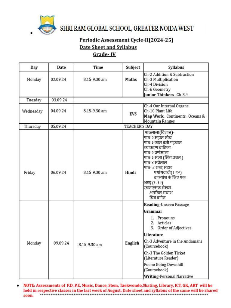 Grade IV Assessment Dates 2024-25 | PDF | Linguistics | Syntax