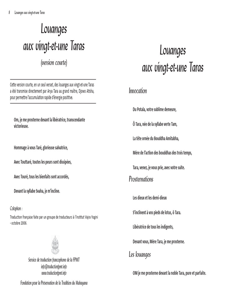 Louanges Aux 21 Taras FR Tib Livret | PDF