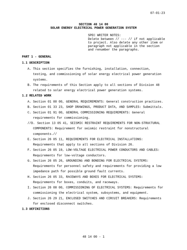 SECTION 48 14 00 Solar Energy Electrical Power Generation System | PDF