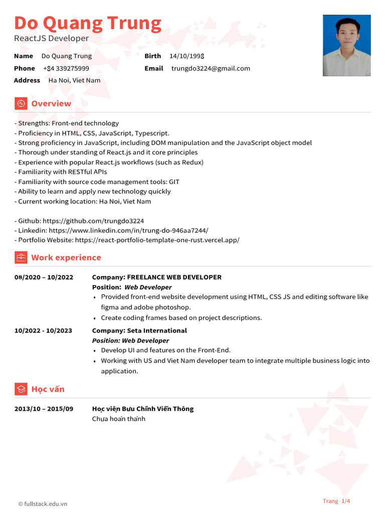 CV Do Quang Trung React Developer | PDF