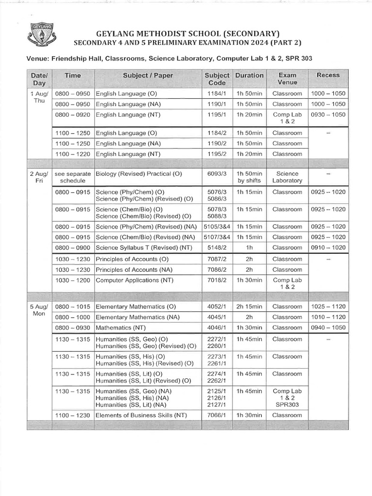 2024 Sec 4 5 Prelim Part 2 Schedule | PDF
