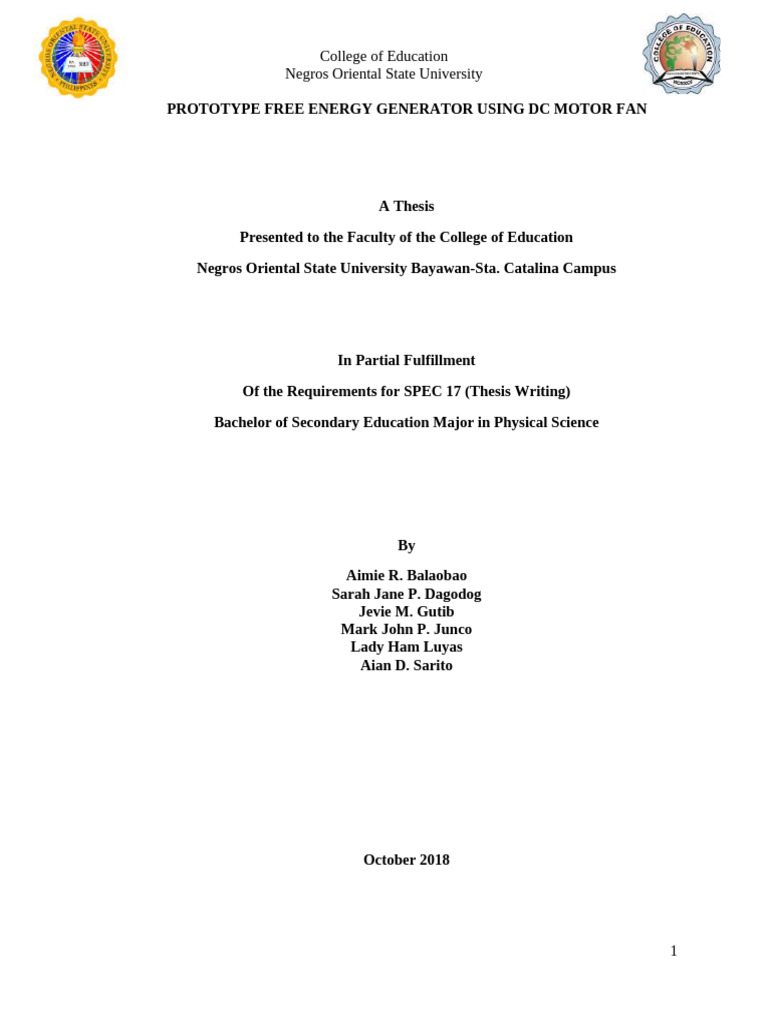 THESIS; PROTOTYPE FREE ENERGY GENERATOR USING DC MOTOR FAN | PDF