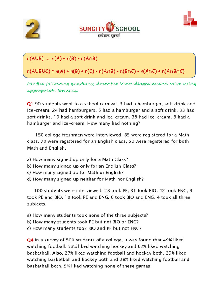 WS2 - Sets-Venn Diagrams Word Problems | PDF