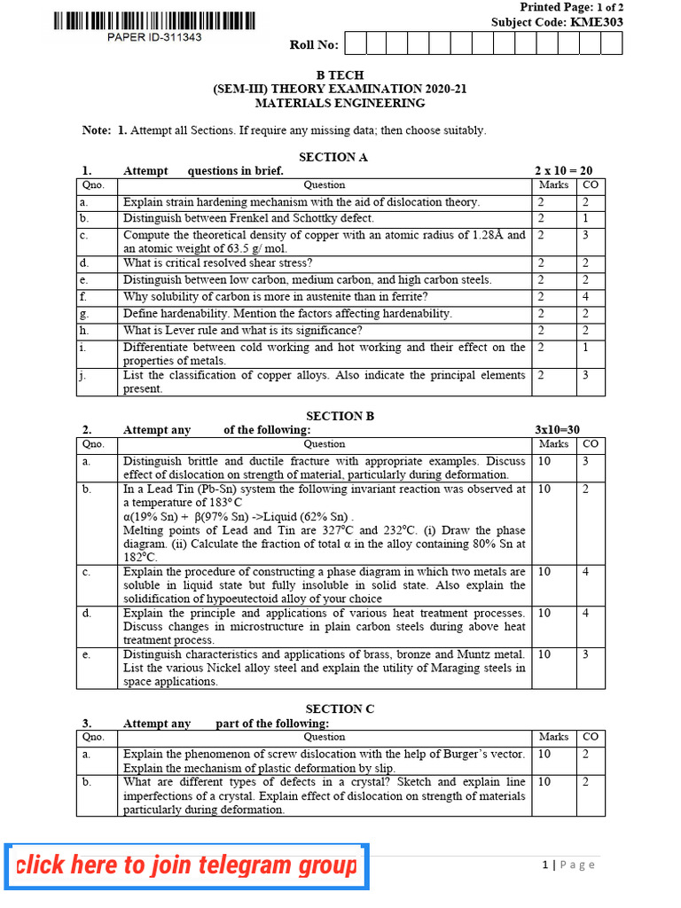 Matrial Engineering Question Paper 2020-2021 | PDF
