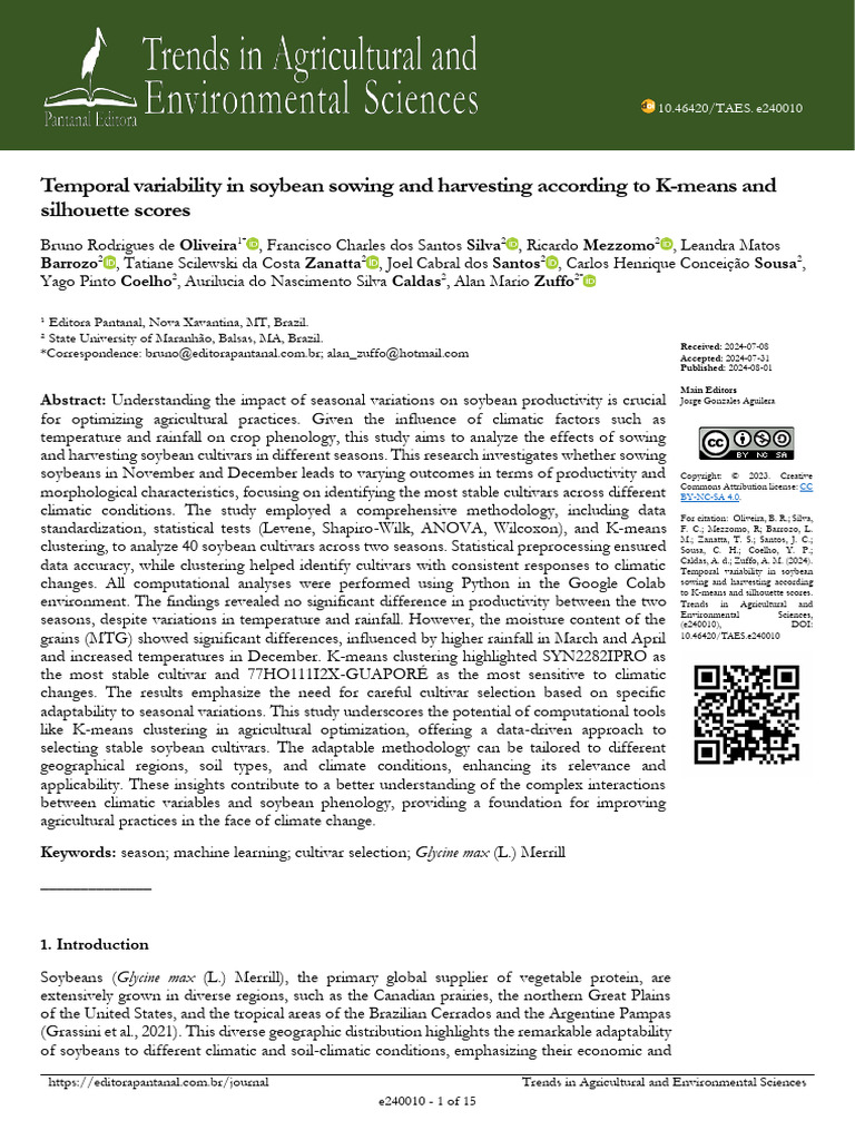 Temporal Variability in Soybean Sowing and Harvesting According To K-Means and Silhouette Scores ...