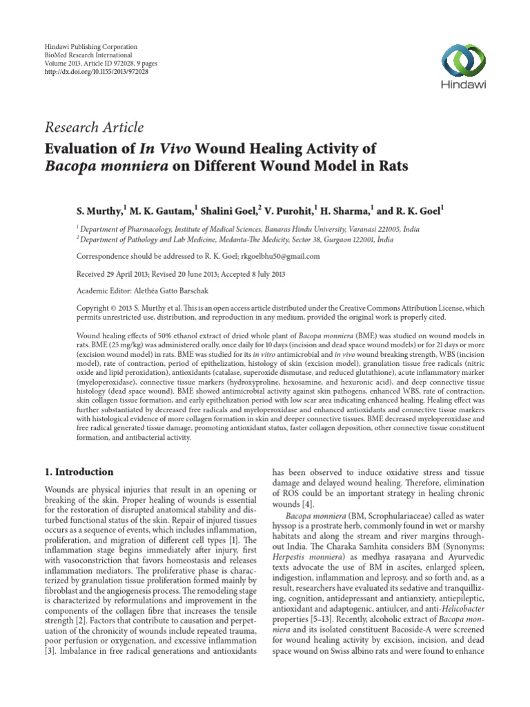 Evaluation of in Vivo Wound Healing Activity of | PDF