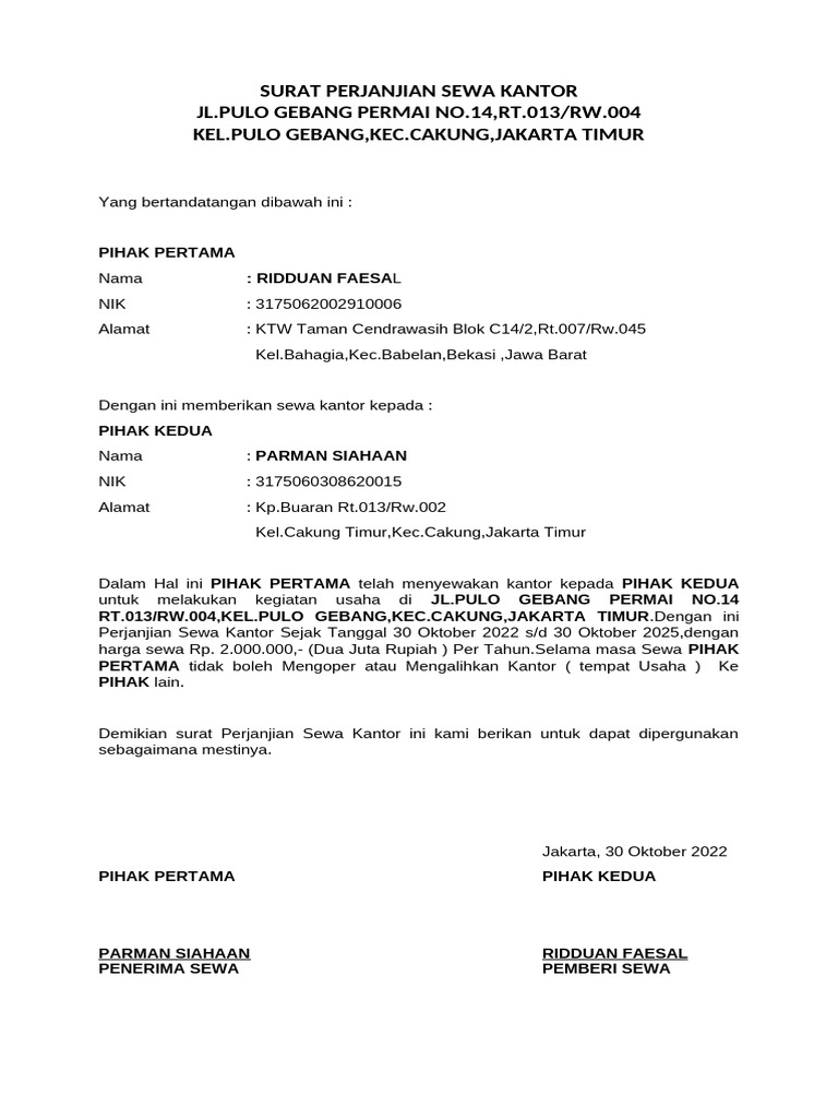 Surat Perjanjian Sewa Kantor | PDF