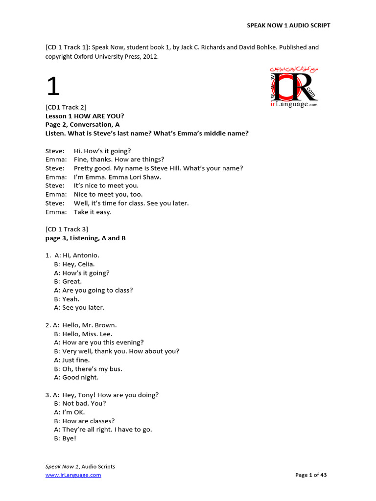 Speak Now 1 Class Audio Script | PDF