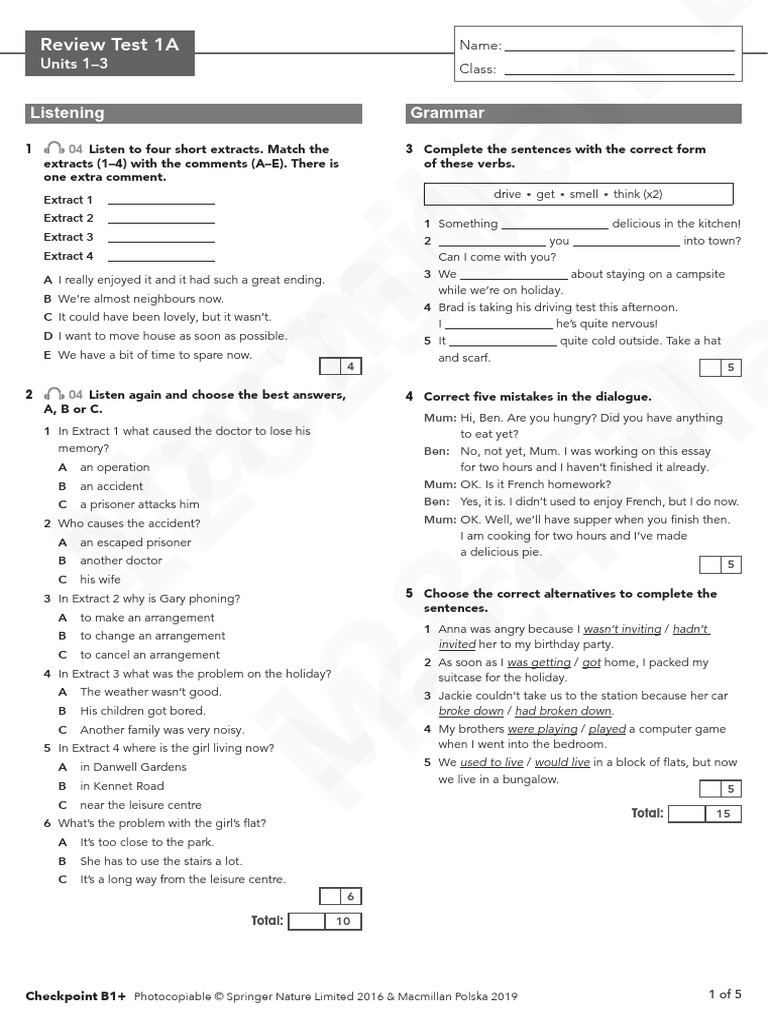 Checkpoint B1+ Review Test 1 A | PDF